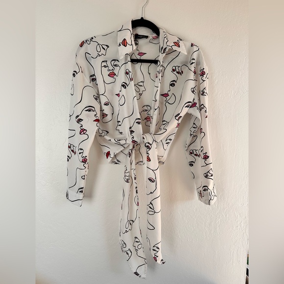 Anthropologie | Tops | Milk Honey Abstract Face Print Tiefront Blouse ...